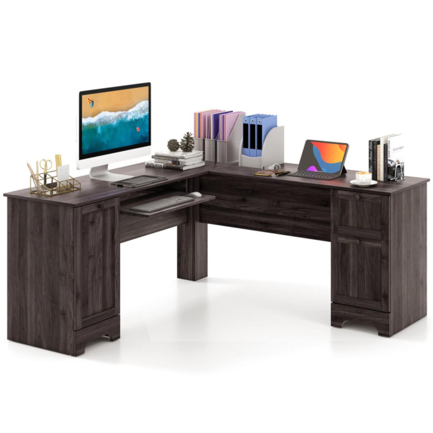 Hivvago L Shaped Office Desk with Storage Drawers and Keyboard Tray Dark Brown 1 King Soopers
